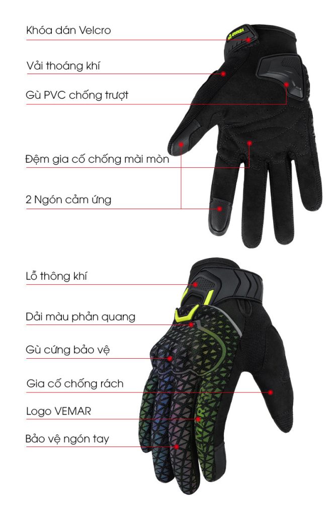 Găng Tay Biker Phản Quang Gù Cứng, Ngón Cảm ứng Cao Cấp – VEMAR VE17